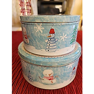 HADAAYA Round Merry Xmas Christmas Decorative Holiday Gifting tins, Set of 2. watercolor painted look with Santa, Snowman & Reindeer moose with Xmas tree