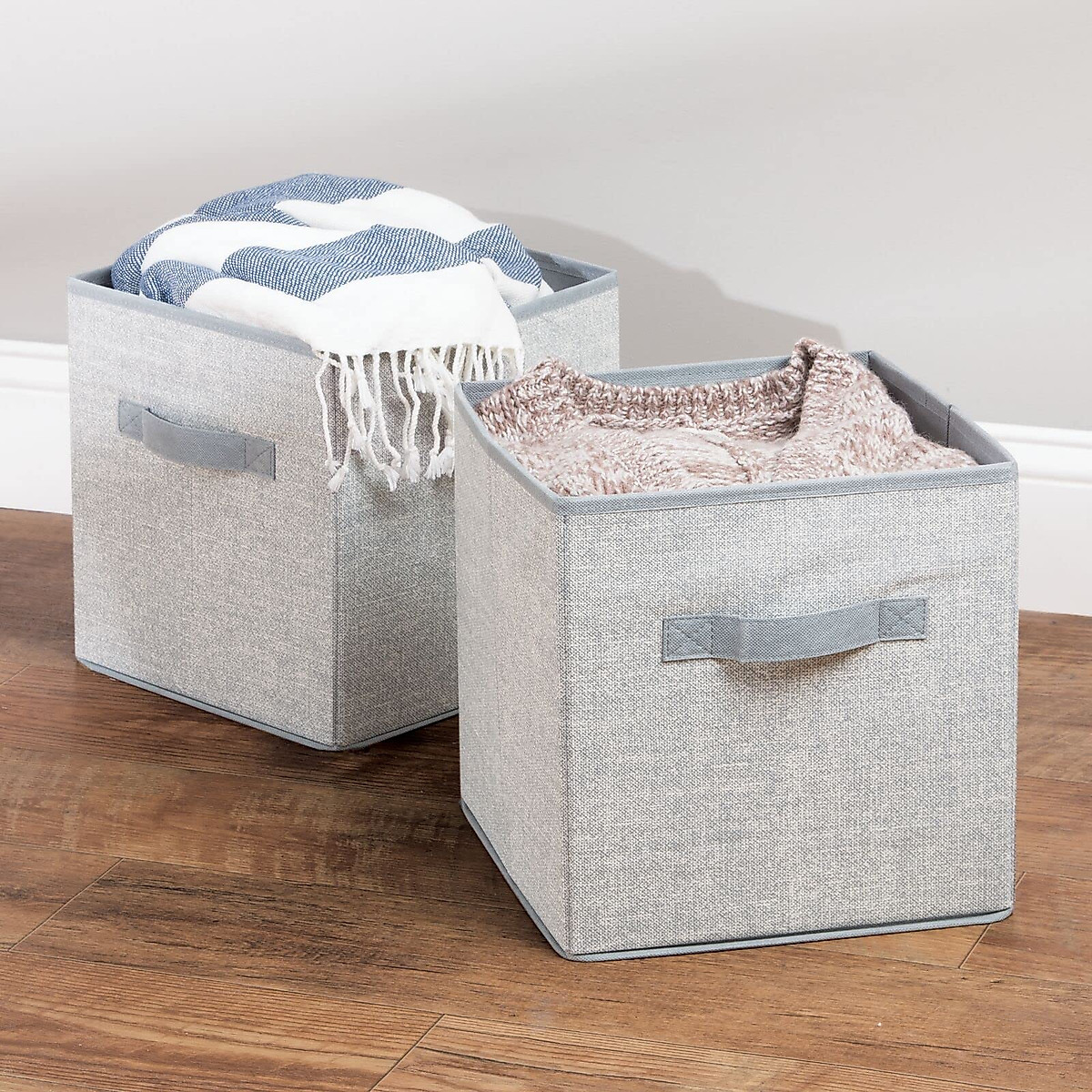 mDesign Small Fabric Collapsible Organizer Cube Bin Box with Front Handle for Cube Furniture Units, Closet or Bedroom Storage, Holds Clothing, Linens, Accessories - Lido Collection - 2 Pack - Gray
