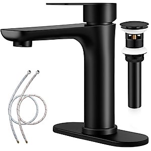Homikit Bathroom Faucets, Black Bathroom Sink Faucet for 1 Hole or 3 Holes, Matte Black Faucet for Bathroom Sink with Pop Up Drain & Supply Hoses, Stainless Steel Single Handle RV Vanity Basin Faucet