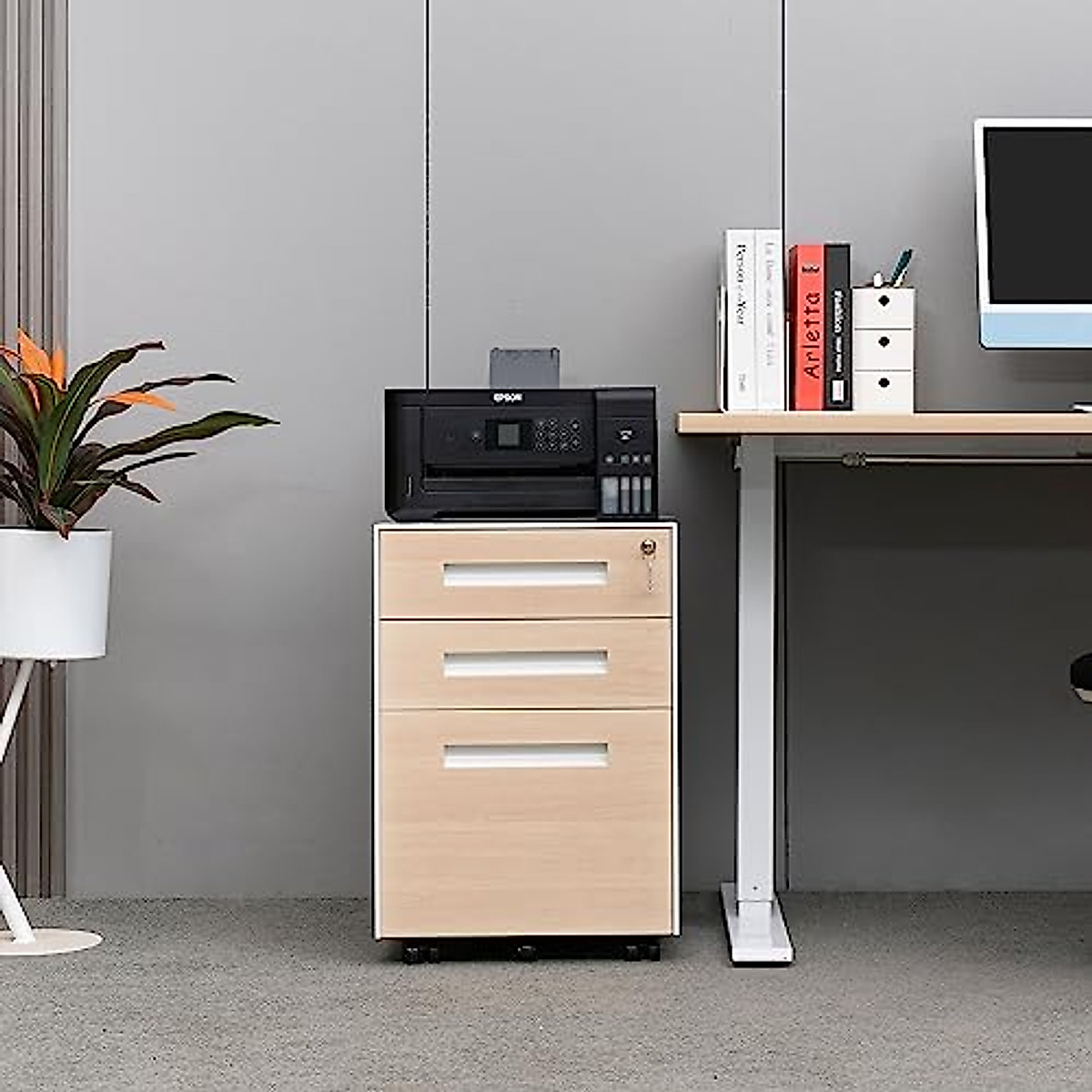 Steel Lateral Filing Cabinet with Lock, File Cabinet for Office Home Metal Storage File Cabinet 3 Drawer Under Desk Metal Organizer (Cherry+White)