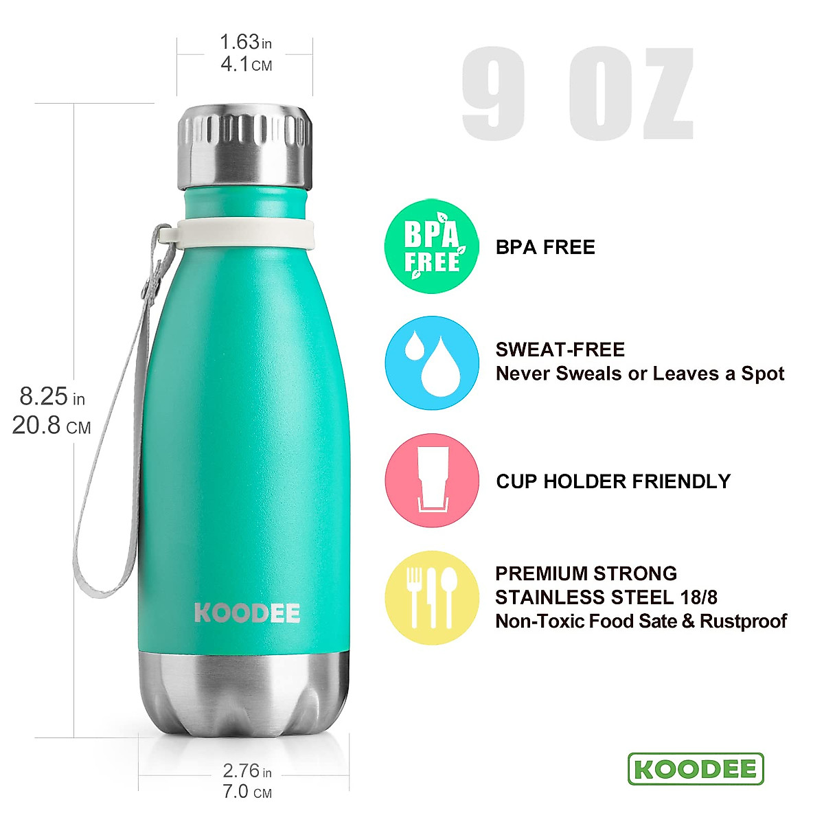 koodee Small Water Bottle 9 oz Stainless Steel Double Wall Vacuum Insulated Water Bottle BPA Free-Reusable Metal Leak Proof Water Flask (Black)