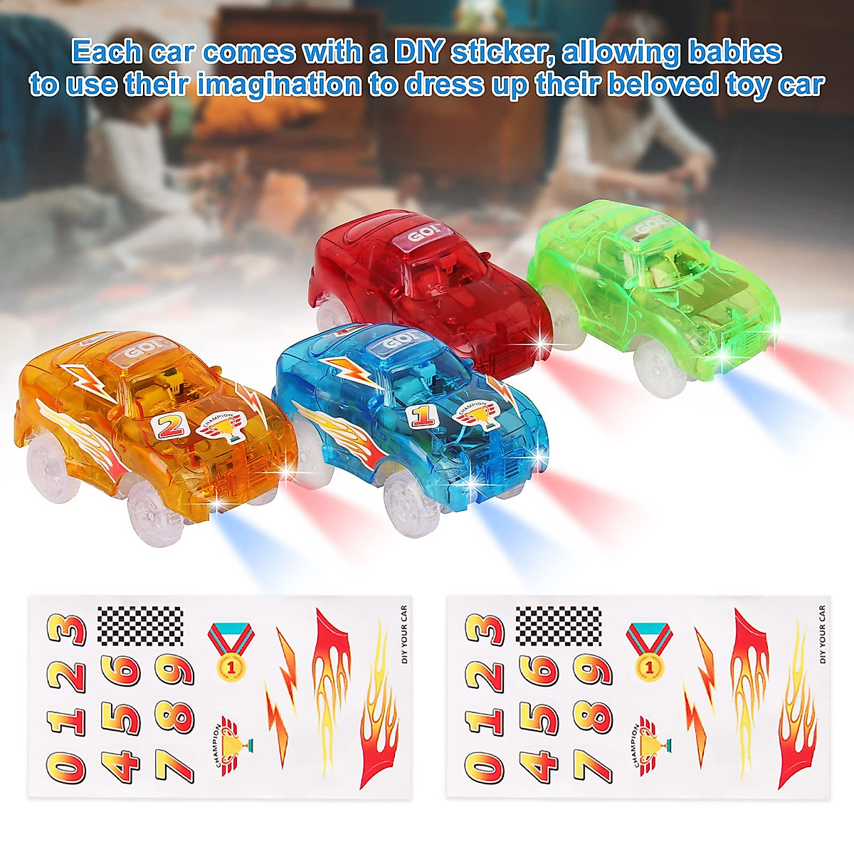 4 Pack Track Cars Magic Toy Car Glow in The Dark Cute Race Cars Replacement Track Accessories Car with 5 Flashing LED Lights Compatible with Most Tracks Set as for Kids Boys and Girls
