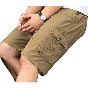 YangguTown Men's Cotton Lightweight Loose Fit Cargo Shorts Full Twill Elastic Waist Drawstring Shorts Khaki 36