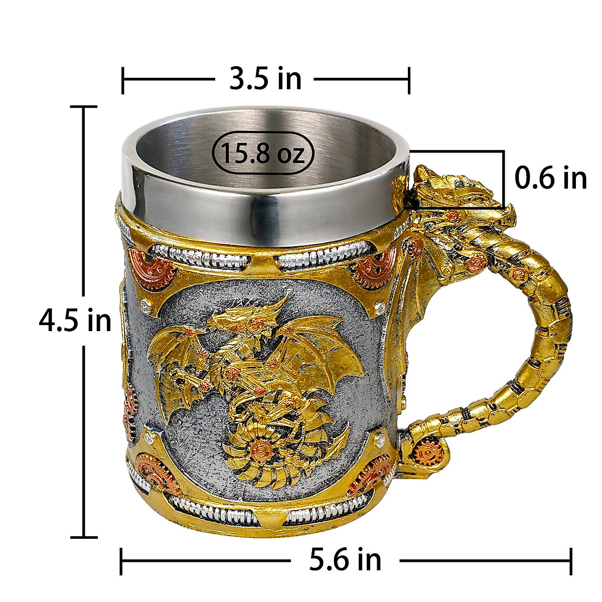 alikiki Medieval Steampunk Dragon Mug - 15.8oz Renaissance Mechanical Dragons Beer Stein Tankard Stainless Coffee Cup Father Day Gift Mug for Dragon Collector Lovers Themed Party Decoration