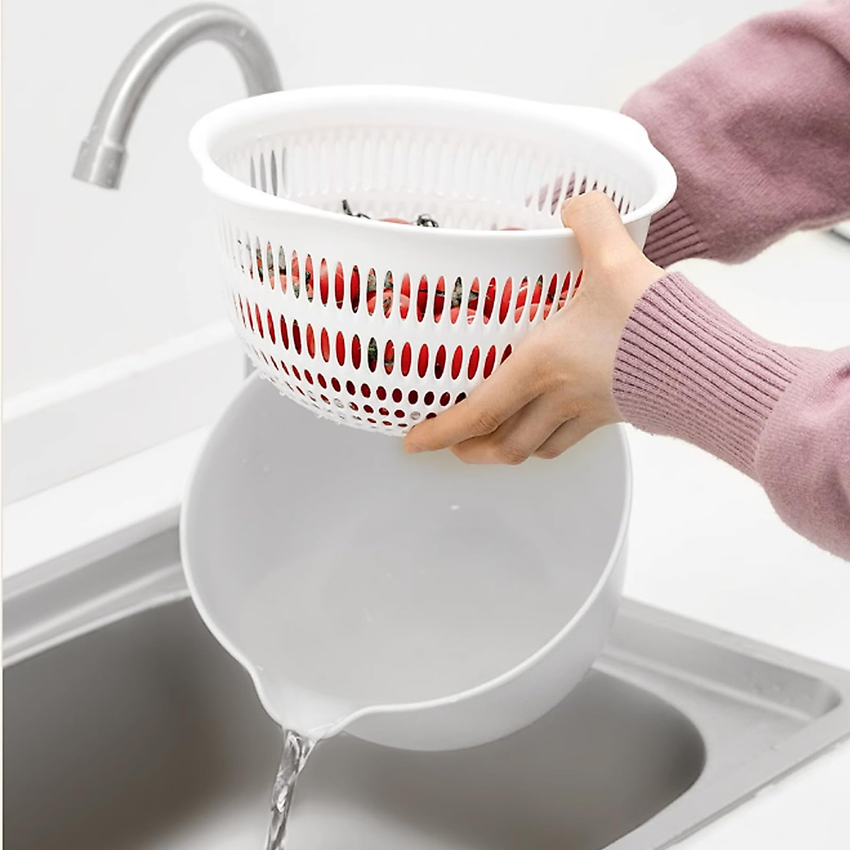 2 Sets 3 Qt，2 in 1 Kitchen Colander Set with Bowl Strainer ，BPA Free Plastic Fruits and Vegetable Washing Basket,Dishwasher Friendly Double Layered Drain Basin,for Pasta, Noodles, Rice and Food (Grey)