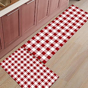 IDOWMAT Kitchen Rug Sets of 2 - Absorbent Non-Slip Kitchen Mats Farmhouse Red White Buffalo Checkered Plaid Floor Comfort Mats Doormat for Kitchen Office Laundry 15.7x23.6in + 15.7x47.2in