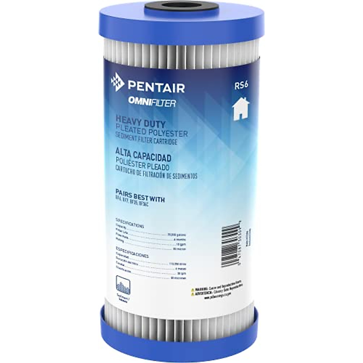 Pentair OMNIFilter RS6 Sediment Water Filter, 10-Inch, Whole House Heavy Duty Pleated Replacement Cartridge, 10" x 4.5"