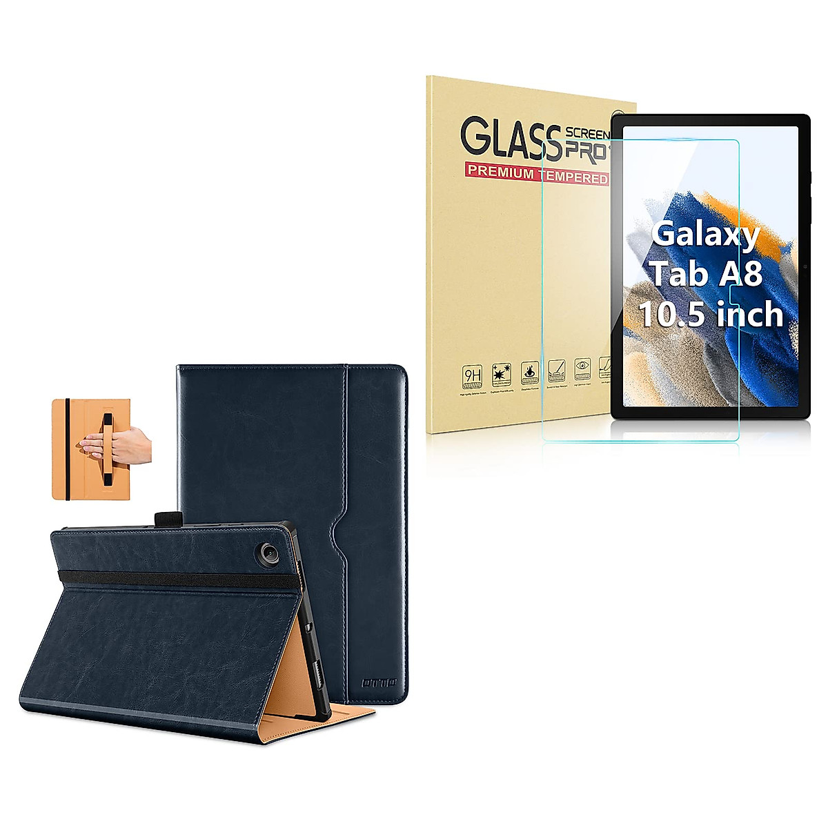 DTTO for Samsung Galaxy Tab A8 10.5 inch Case 2022, Premium Leather Business Folio Stand Cover with 1 Pack HD Tempered Glass Screen Protector for Galaxy Tab A8 10.5" [SM-X200/X205/X207], Blue