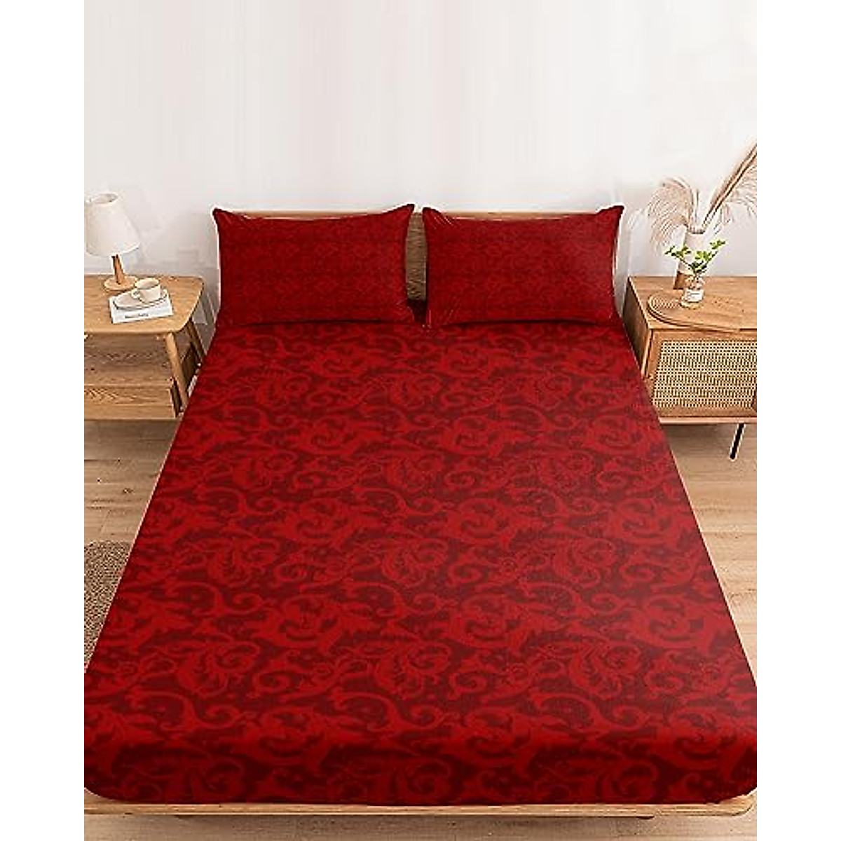 Full Size Fitted Sheet Bed Set Merry Christmas Leaves on Red Deep Pocket Soft Bottom Sheets&Pillowcases for Bedroom Decor Abstract Foliage Texture,Fits Mattress Up to 16" Deep