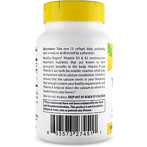 Healthy Origins Vitamin D3 & K2 - Vitamin D3, 50 mcg - Vitamin K2, 200 mcg - Easily Absorbable Vitamin D & Vitamin K Supplements - Non-GMO & Gluten-Free Supplements - 180 Softgels