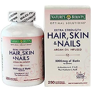 Nature's Bounty Hair Skin and Nails 5000 mcg of Biotin - 250 Coated Tablets Extra Strength (Four Bottles each of 250 Softgels) 1 4.0 Count