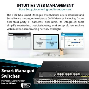 D-Link 28-Port Gigabit Smart Managed PoE+ Switch | 24 PoE+ Ports (370W) + 4 10G SFP+ Ports| L2+/L3 Lite |VLANs |Web Managed |Surveillance Mode | Rackmount | NDAA Compliant (DGS-1250-28XMP-6KV)