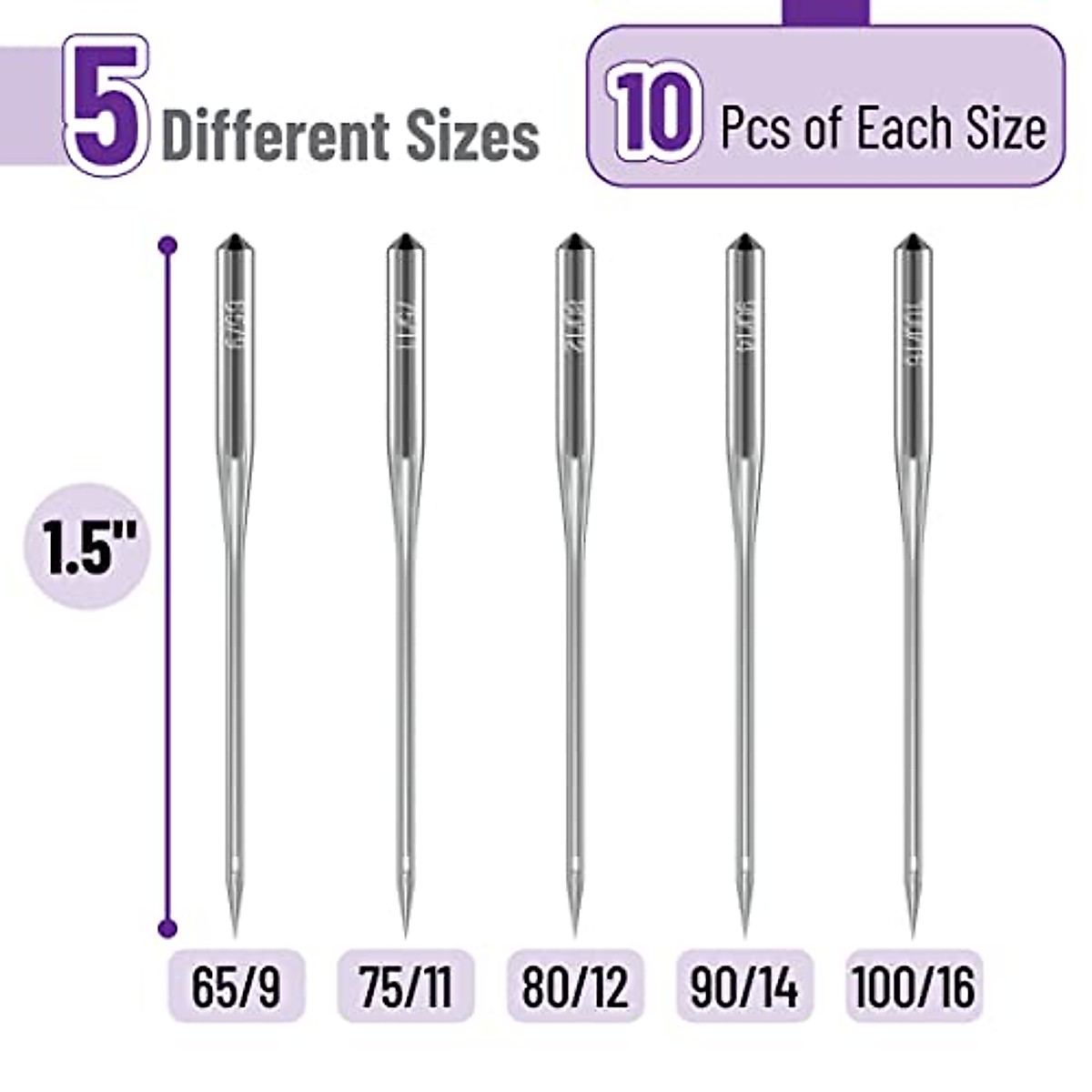 Mr. Pen- Sewing Machine Needles, 50 Pack, Universal Sewing Machine Needles for Singer, Brother, Janome, Varmax, Assorted Sizes 65/9, 75/11, 80/12, 90/14, 100/16, Needles for Sewing Machine