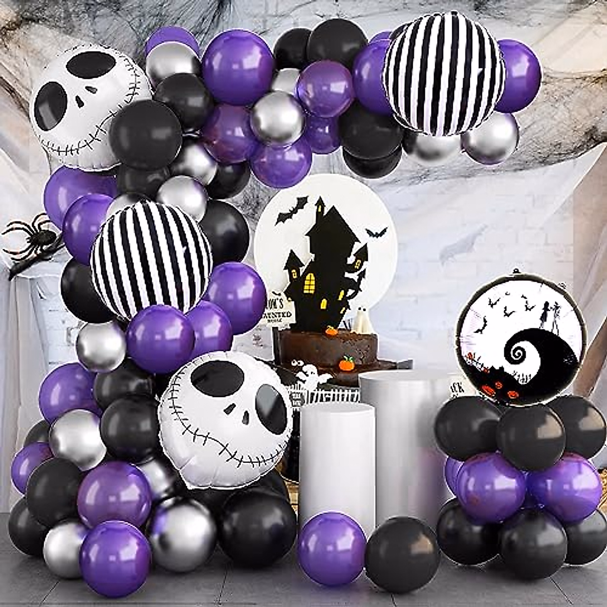 Nightmare Balloons Decorations Before Christmas Skull Halloween Party Decorations Balloon Garland Kit - Purple Black Balloon Arch with Skull Balloons for Halloween Birthday Baby Shower, Day of the Dead Decorations