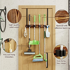 Rasdwt Broom Holder Over the Door, Wood Broom and Mop Rack, Over the Door Broom Holder, Drilling-Free Mop and Broom Holder with 2 Hooks for Garage, Laundry Room Broom Hanger and Storage Tool, Brown