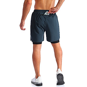 Pudolla Men’s 2 in 1 Running Shorts 7" Quick Dry Gym Athletic Workout Shorts for Men with Phone Pockets(Navy Blue Medium)