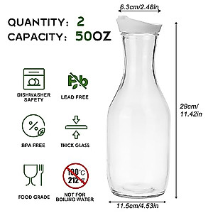 CUCUMI 2pcs 50oz Glass Carafe with Lids, 1.5 Liter Glass Water Pitcher Juice Containers Beverage Jugs for Mimosa Bar, Brunch, Cold Beverage