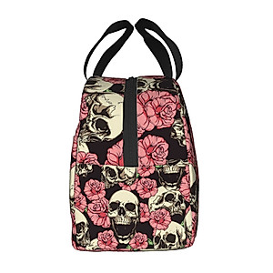 Skull Lunch Bag Box Tote Pink Rose Flowers Organizer Lunch Container Black Insulated Zipper Meal Prep Cooler Handbag For Women Men Home School Office Outdoor Gift