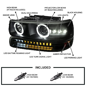 Spec-D Tuning Smoke Lens LED Halo Projector Headlights + LED Bumper Lights Compatible with 1999-2002 Chevy Silverado 1500/1500HD/2500/2500HD/3500 Left + Right Pair Headlamps Assembly