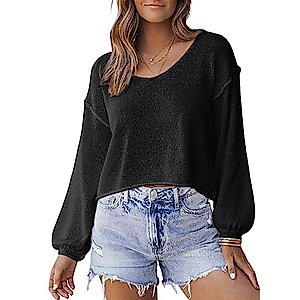 Dokotoo Women Fall Crochet Tops 2023 Spring Summer Trendy Outfits Clothes V Neck Cropped Sweaters Long Sleeve Lightweight Comfy Thin Knitted Casual Sweater Pullover Jumper Winter Clothes Black Medium