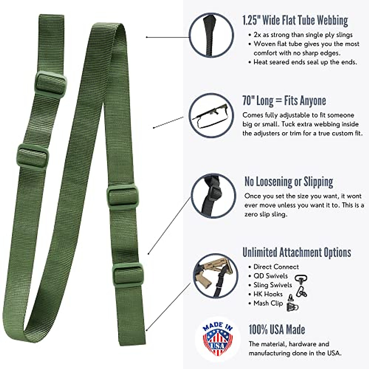 Premium USA Made Rifle Sling with Flat Tubular Webbing for Superior Comfort and Strength. 100% USA Made by Blu Collar Workers