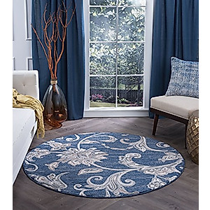 Garland Transitional Floral Navy Round Area Rug, 5' Round