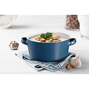 KooK Soup Crocks, Ceramic Stackable Bowls, Broil, Oven, Microwave and Dishwasher Safe, with Handles, For Casserole, Pasta, Cereal, 23.6 oz, Set of 4 (Matte Blue)