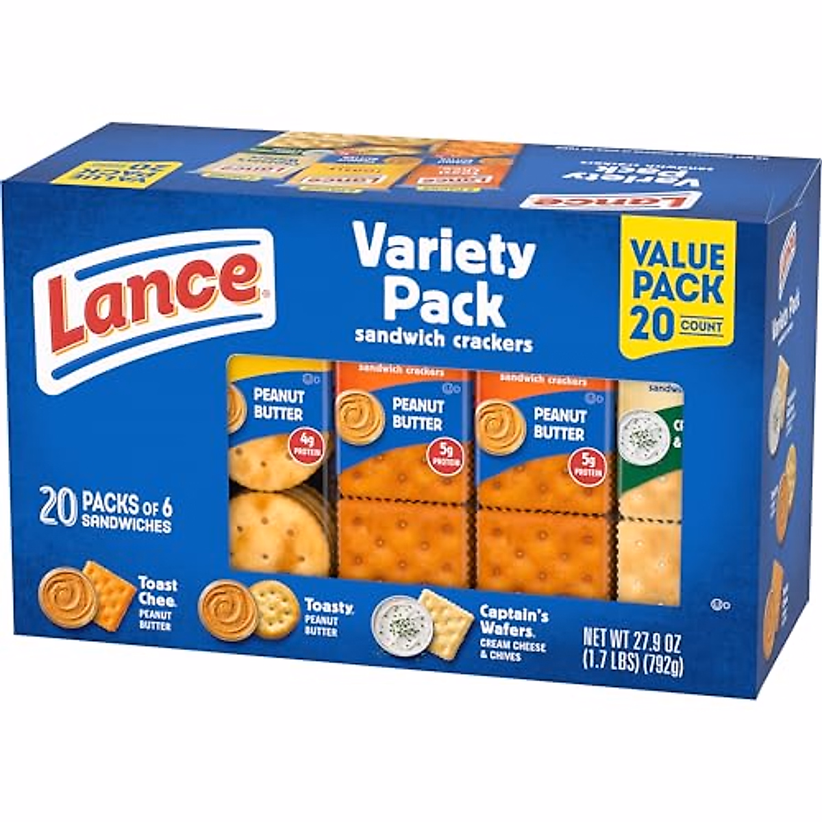 Lance Sandwich Crackers, Variety Pack, 3 Flavors, 20 Individually Wrapped Packs, 6 Sandwiches Each