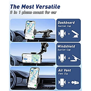 MLIFEMFUL Phone Mount for Car, 3 in 1 Car Phone Holder Mount Long Arm High Temperature Resistance Suction Cup,Cell Phone Holder for iPhone & All Smartphone Dashboard Windshield Vent Clip Compatible