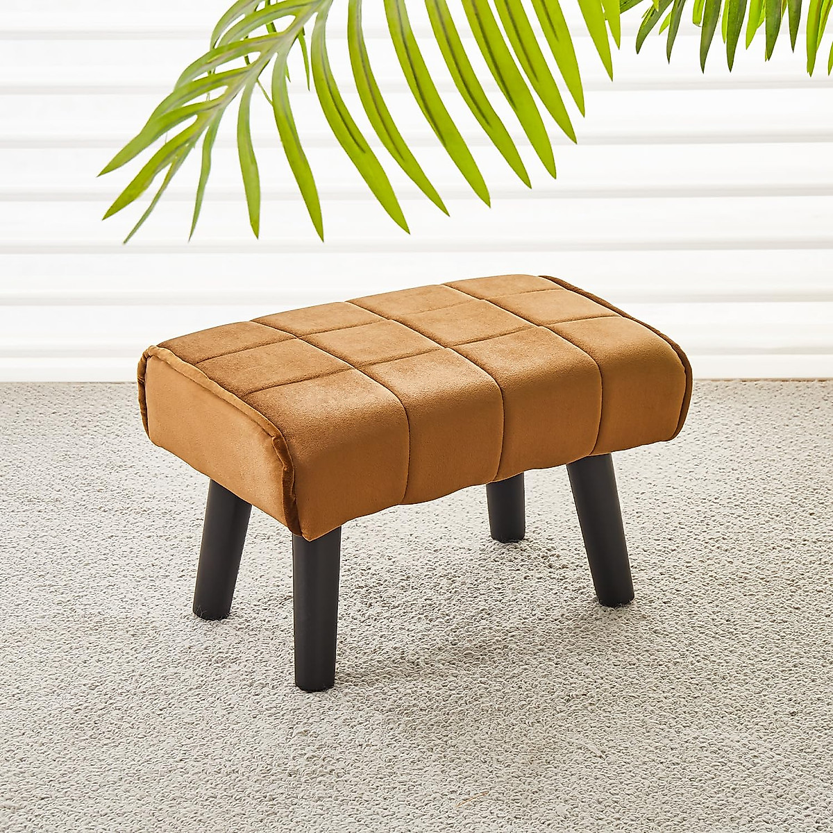 Cpintltr Small Foot Stool Ottoman Modern Accent Step Stool Seat with Solid Wood Legs Velvet Soft Padded Pouf Ottomans Sofa Footrest Stools 16 inch for Couch Living Room Bedroom Entryway Brown