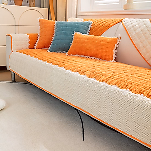 vctops Soft Corduroy Sofa Couch Cover, Plaid Sectional Couch Covers, Non-Slip Sofa Slipcover for Dogs Cats Kids(Orange,43"x43")