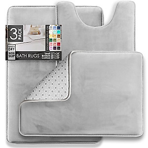 Clara Clark 3 Piece Bathroom Rugs Bath Mat Set, Velvet Memory Foam Bath Mats for Bathroom - Non-Slip, PVC Backing Bath Rugs, Washable Bathroom Rug Mats - Dries Quickly, Silver Bathroom Rug Set