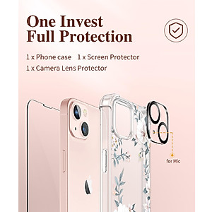 GVIEWIN Bundle - Compatible with iPhone 13 Case (Magnolia/White) + Magnetic Phone Ring Holder (Glitter/Silver)