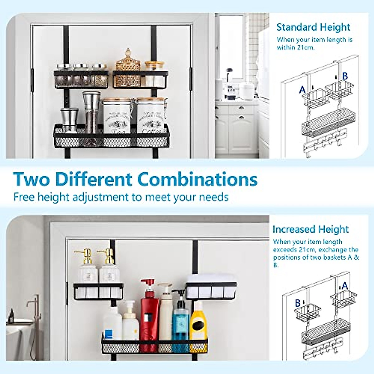 ETECHMART Over The Door Hooks Organizer, Door Hanger with 3 Mesh Baskets & Bamboo Coat Rack, Heavy Duty Towel Rack for Bathroom Kitchen Hanging Clothes Hats, Heavy Duty Back of Door Storage, Bamboo