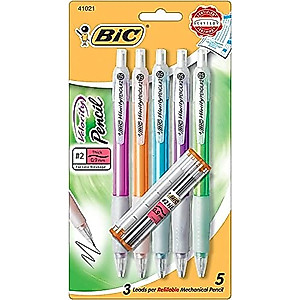 BIC Velocity Strong Lead Mechanical Pencils, With Colorful Barrel, Thick Point (0.9mm), 5-Count Pack Mechanical Pencils With Erasers