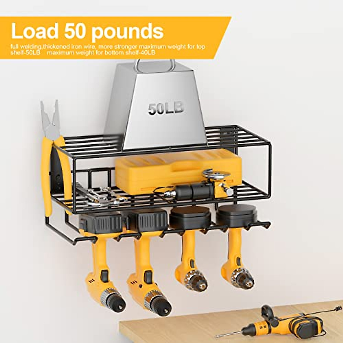 CoolShare Power Tool Organizer Wall Mount,Metal Heavy Duty Floating Tool Shelf,3 Layers Cordless Drill Storage Rack,Screwdriver and Drill Holder,Battery Rack for Garage,Good Father's Day Gifts(1 Pack)