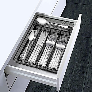 LIANYU Silverware Utensil Drawer Organizer, 5 Compartments Steel Mesh Cutlery Flatware Tray with Foam Feet, 9 1/4" W x 12 1/2" L x 2" H, Black