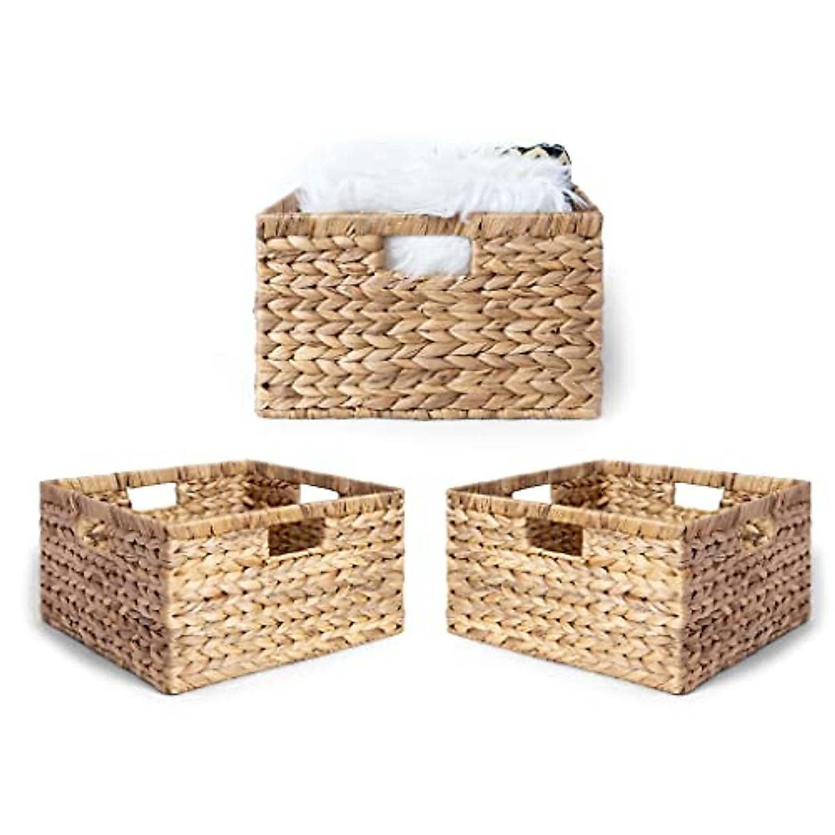 BARIEN 14.5” x 13.5” x 8” (Set of 3) Natural Water Hyacinth Storage Baskets, Rectangular Wicker Basket with Built-in Handles, Large (Natural - Set of 3)