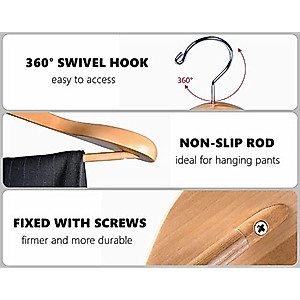 Amber Home 6 Pack Wide Shoulder Wooden Suit Coat Hangers with Non Slip Pants Bar, Solid Wood Jacket Clothes Hangers Smooth Finish for Sweater, Pants, Heavy Clothes (Natural, 6 Pack)
