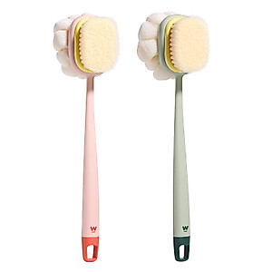 Yiesoum Body Shower Brush with Bristles and Loofah,Back Scrubber Bath Mesh Sponge with Long Handle for Skin Exfoliating Bath, Massage Bristles Suitable for Wet or Dry, Men and Women (Pink & Green)