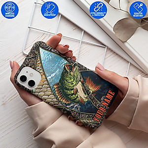Personalized Bass Fish Fishermen Phone Case Custom Name Bass Fishing Leather Pattern Cute Protective Cover Customized Compatible with iPhone 14 12 13 11 Promax Samsung s23 s22 s21 s20 s10 Ultra