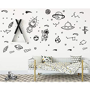 Wall Decor for Boys Room Art Outer Space Star Rockets Planets Stickers Removable Space Wall Decal for Children Bedroom Decoration (Black)