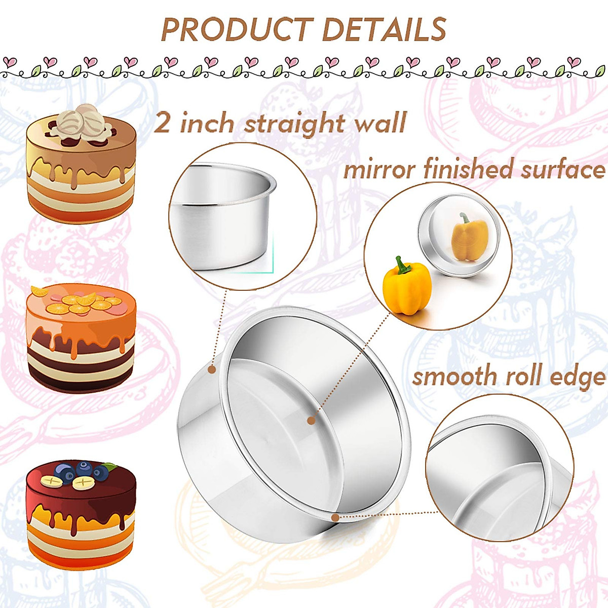 TeamFar 4 Inch Cake Pan, Mini Cake Pan Small Round Baking Tins Set Stainless Steel, For Baking Steaming Serving, Healthy & Sturdy, Easy Clean & Dishwasher Safe - Set of 3