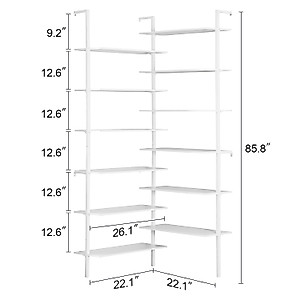 HOMISSUE Corner Bookshelf,12-Tier L Shaped Bookshelf, Double Wide Corner Wall Mount Bookcase with Metal Frame and Wood,Modern Industrial Corner Shelf for Living Room, Kitchen, Home Office White
