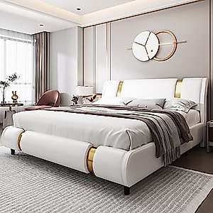 TTVIEW Modern Faux Leather Upholstered Platform Bed Frame with Golden Iron Metal Decor, Adjustable Curved Headboard, Wooden Slats Support, No Box Spring Needed, Queen Size, White