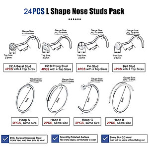Piercingpops 24Pcs Surgical Stainless Steel Mixed Nose Stud Nose Ring Hoop Cartilage Earrings Nose Piercing Body Jewelry for Women Men Set (A:24PCS - Silver（Nose Screws Style）)