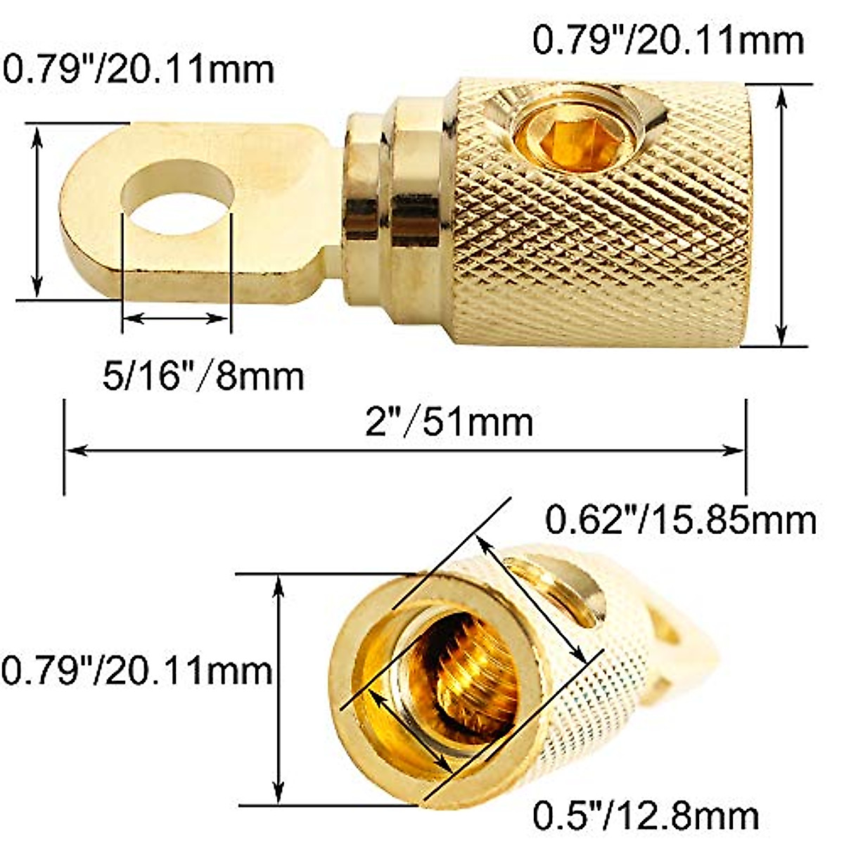 Car Audio Battery Terminal Connector Pure Brass Gold-Plated 0 Gauge Car Audio Amp Input Reducers for 0-2 Gauge Wire 2Pcs