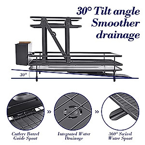 TOOLF 2 Tier Dish Drying Rack, Dish Rack for Kitchen Counter, Free Assembly Foldable Drainboard and Drainer with Wooden Utensil Holder for Kitchen Sink, Black