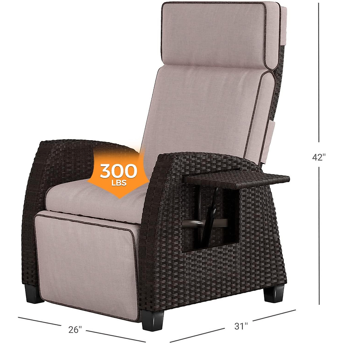 Grand patio Outdoor Recliner Moor Lay Flat Recliner with Flip Table Push Back Wicker Reclining Lounge Chair Flax
