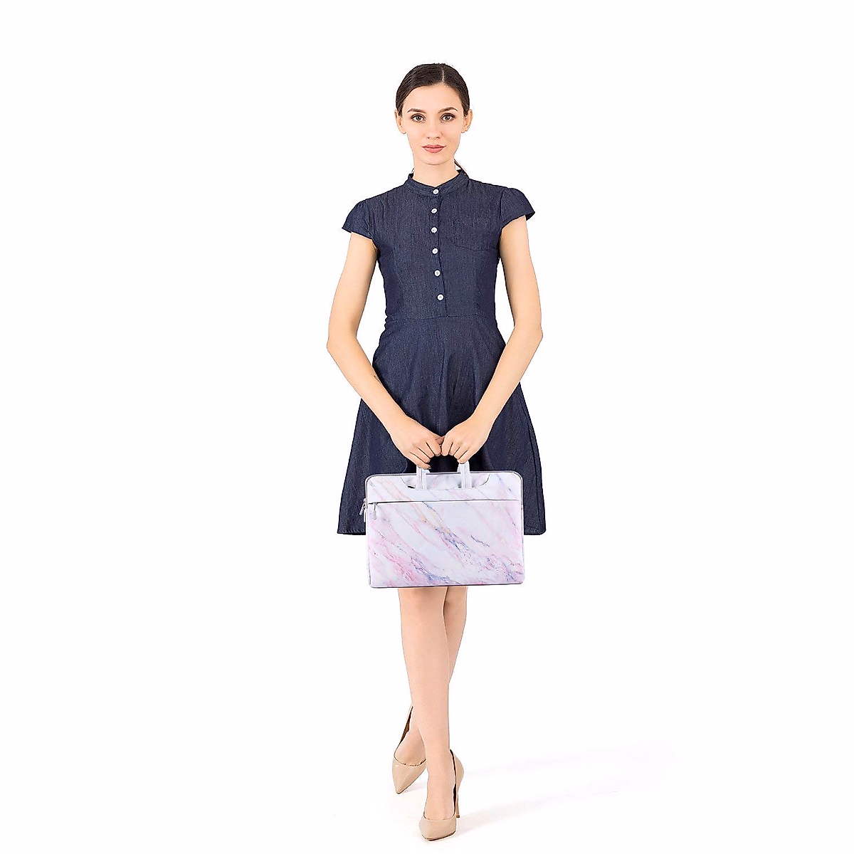 MOSISO Laptop Shoulder Bag Compatible with MacBook Air 15 inch M2 A2941 2023/Pro 15 A1990 A1707,15 Surface Laptop 4/3,HP Chromebook 14, Canvas Cross Grain Marble Carrying Briefcase Sleeve